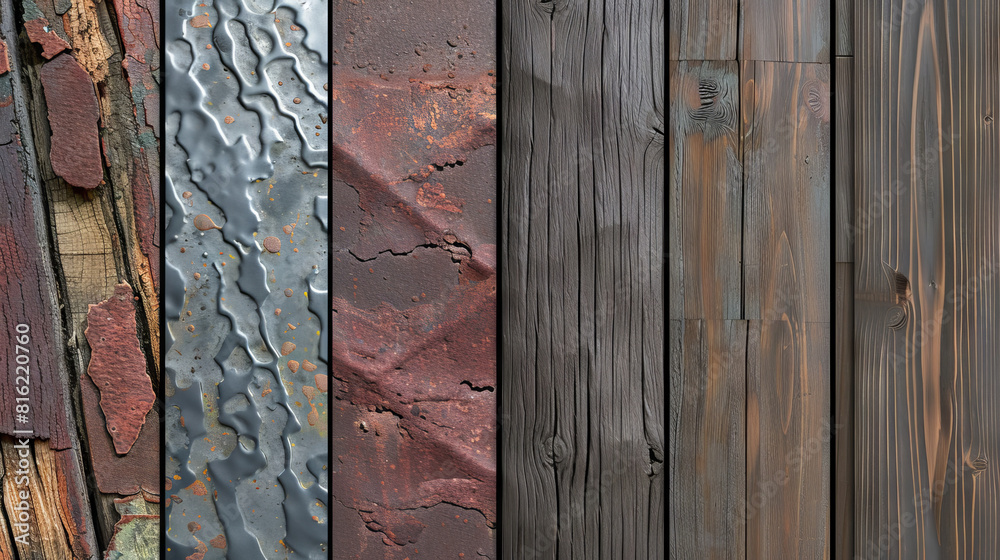 A detailed montage of various aged metal surfaces and weathered bricks ...