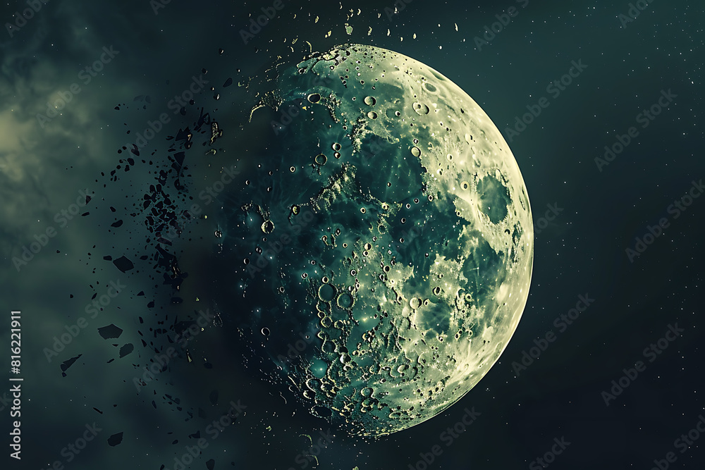 The ethereal silhouette of the moon fragmented against the night sky ...