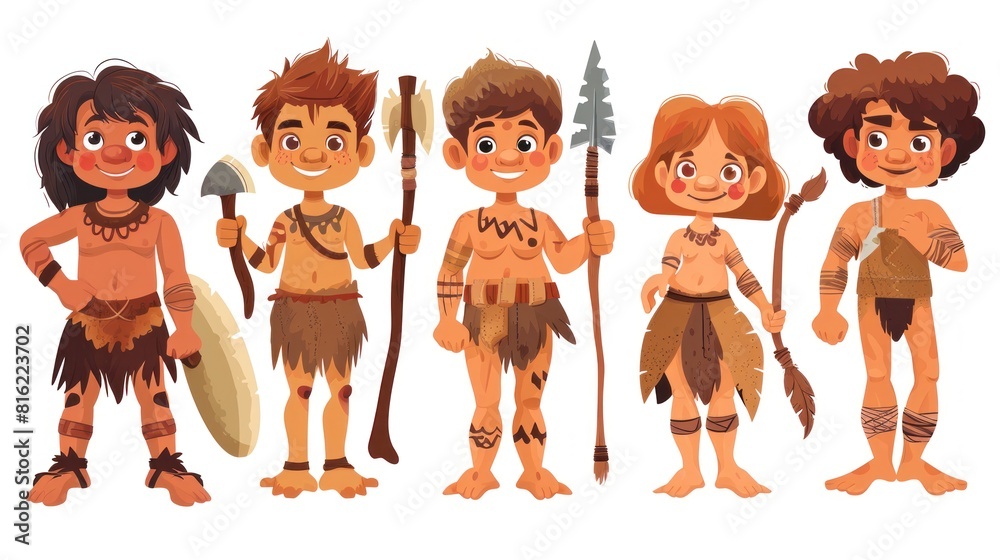Vector illustration of prehistoric caveman children on white background ...