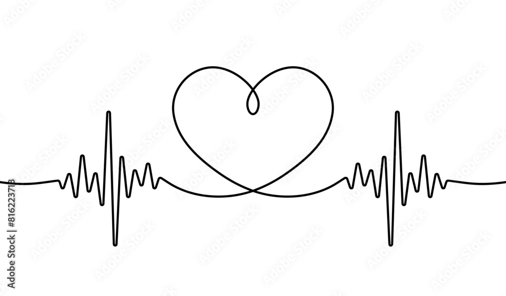 Heart beat one line. Continuous lines heart beats drawing. Wave pulse ...
