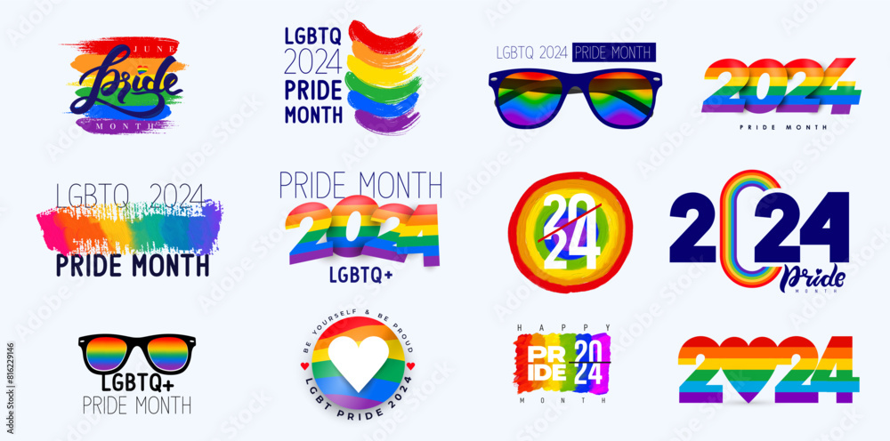 Collection of LGBT Pride Month 2024. Rainbow flag, sunglasses, rabbit ...