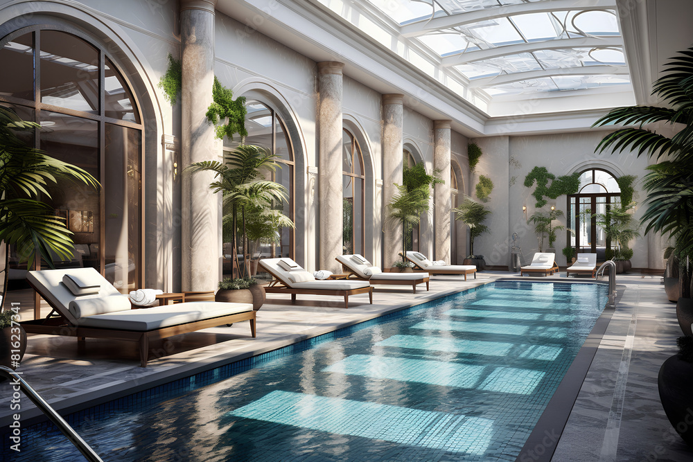 3D rendering of a luxury hotel swimming pool. Beautifully designed five ...