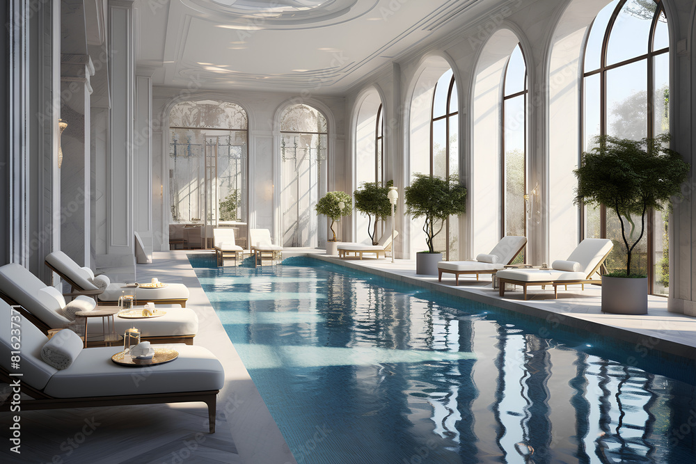 3D rendering of a luxury hotel swimming pool. Beautifully designed five ...