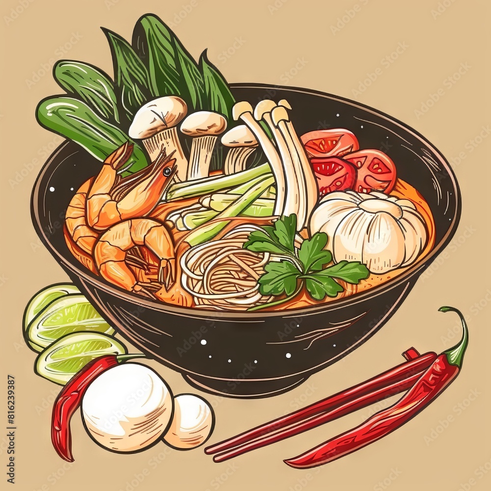 Tom yum, pho bo, miso soup drawing, Asian udon bowl ingredients ...