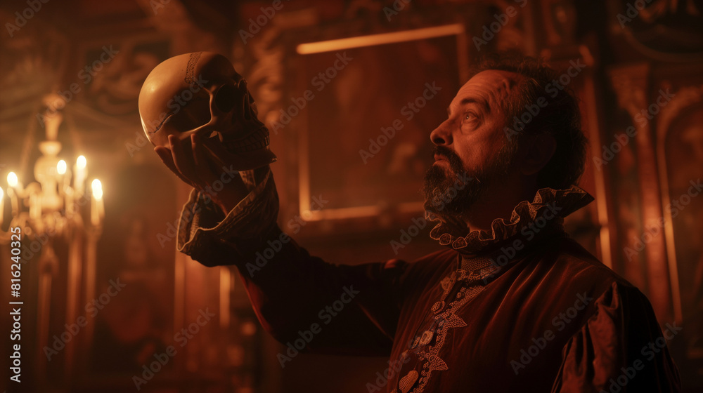 A dramatic portrayal of Hamlet holding a skull on stage, featuring ...