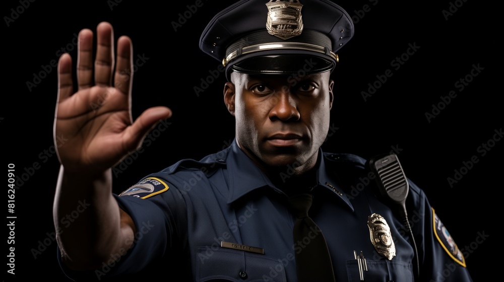 Serious police officer shows a hand stop sign Stock Photo | Adobe Stock