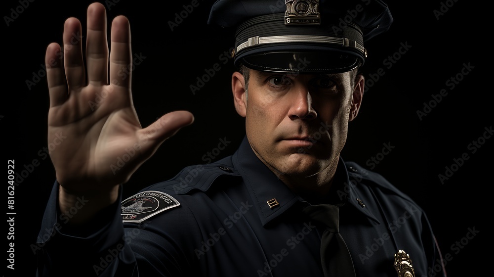 Serious police officer shows a hand stop sign Stock Photo | Adobe Stock