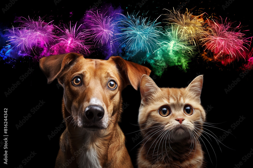 Dog and Cat Scared of Fireworks. Stress on New Year Concept Stock Photo ...
