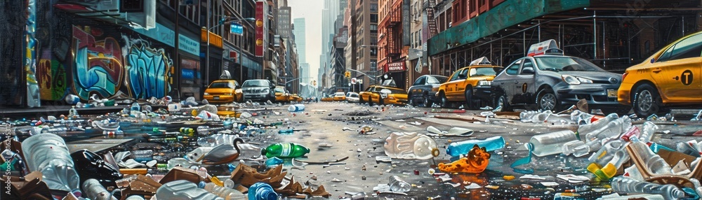 An urban scene depicting a street corner overflowing with plastic waste ...