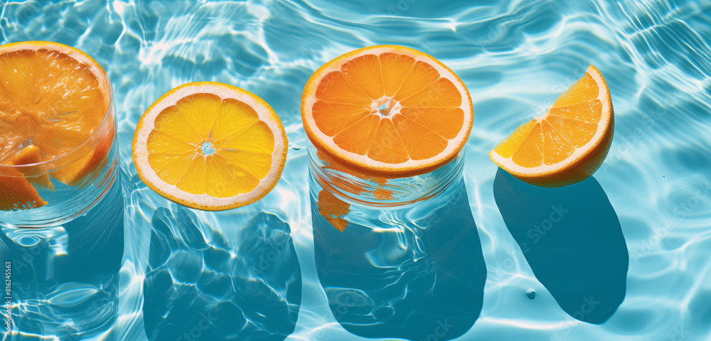 Summer background with orange fruit slices in swimming pool clear water ...
