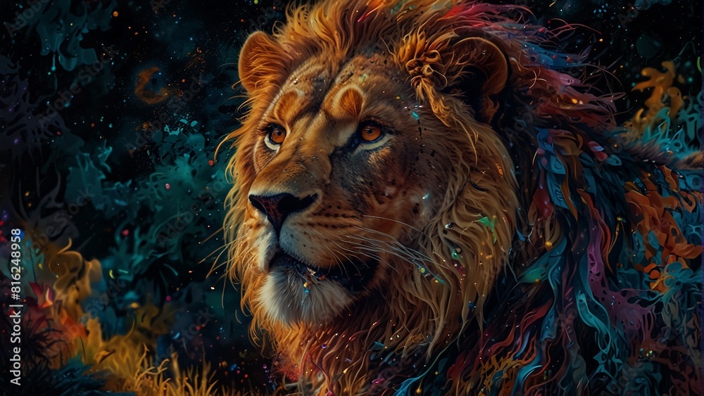 a close up of a lion standing in a forest with a dark background, king ...