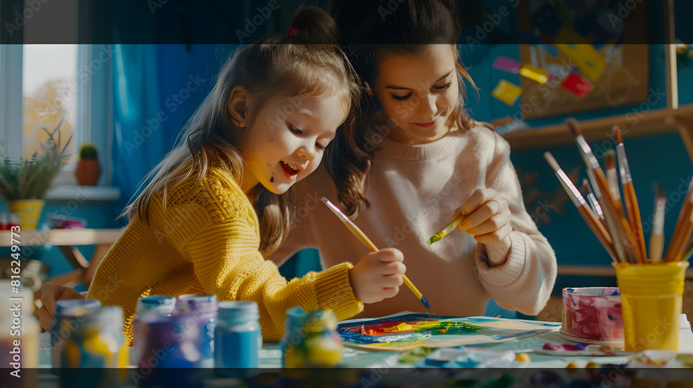 Mother and daughter painting at home Cute little kid in yellow sweater ...