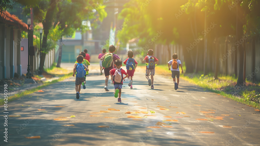 child schoolchildren run along school road backpacks shoulders happy ...