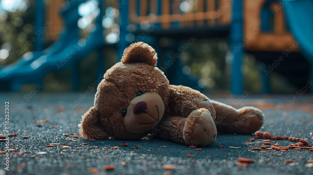 Lost teddy bear toy lying on playground floor in gloomy dayLonely and ...