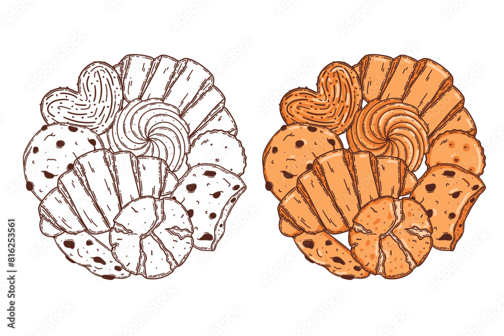 Oat cookie, puff pastry, croissant vector coloring page for coloring ...