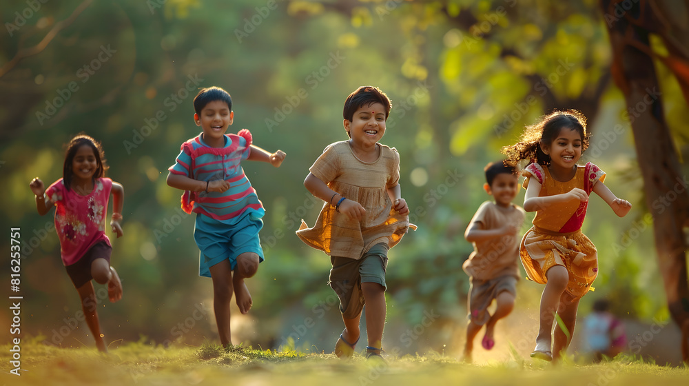 Group of happy playful Indian children running outdoors in spring park ...
