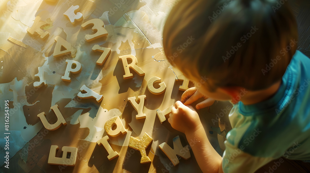 Male kid playing with wooden eco friendly alphabet letters board on ...