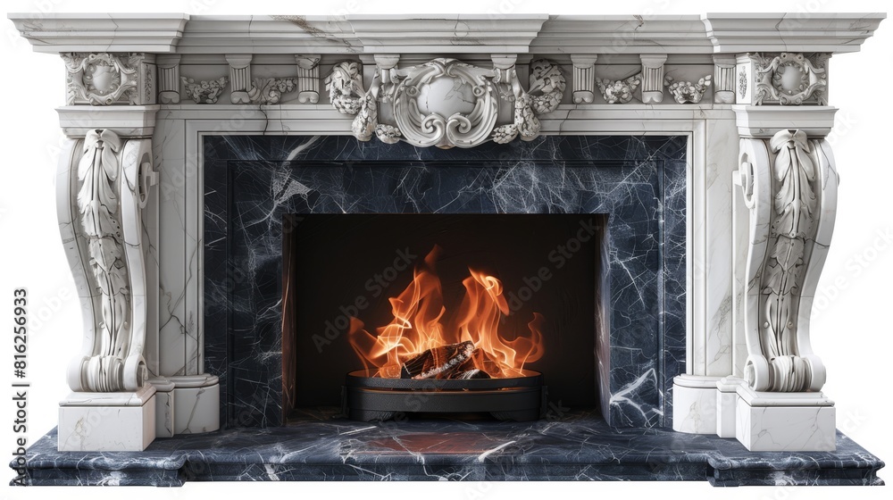 Stunning fireplace with roaring fire, marble trim and classic ...