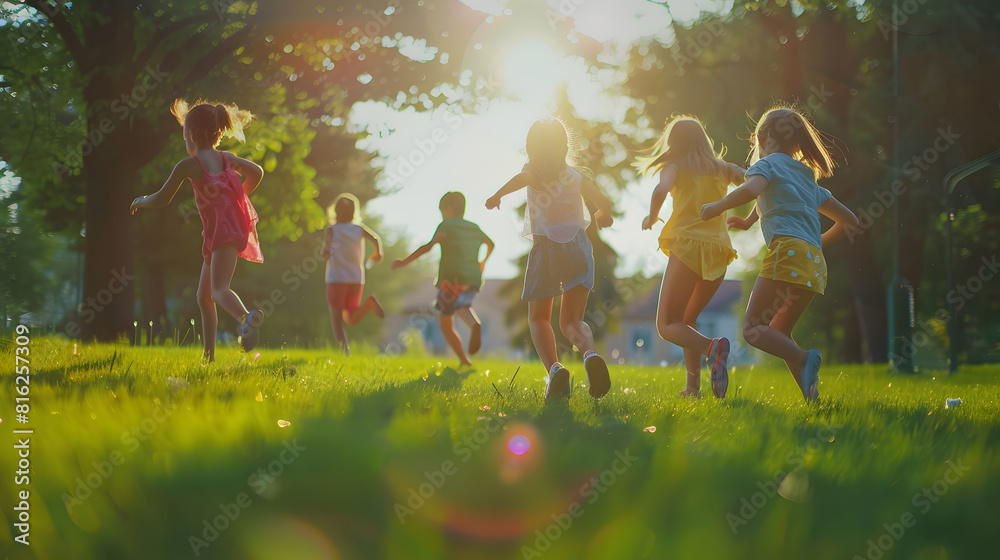 Happy children playing in the park in summer Group of cheerful kid ...