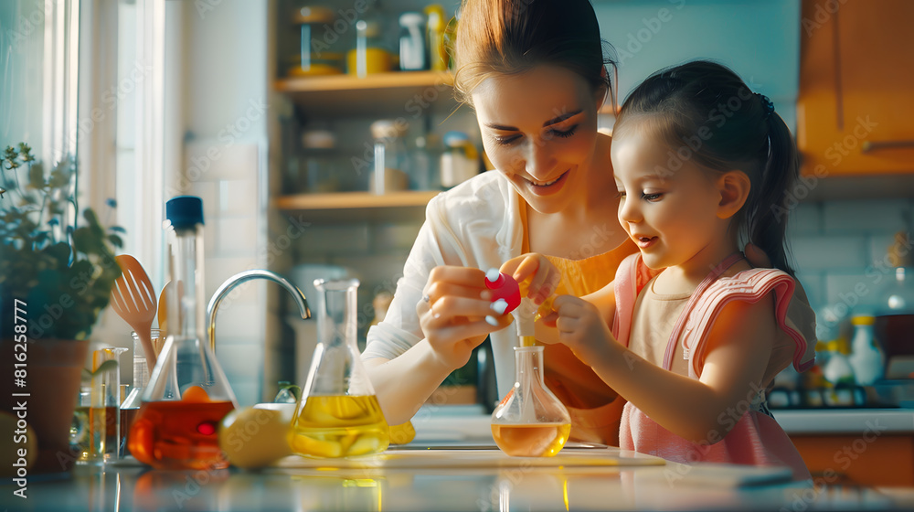Concentrated small kid girl playing with young mom involved in doing ...