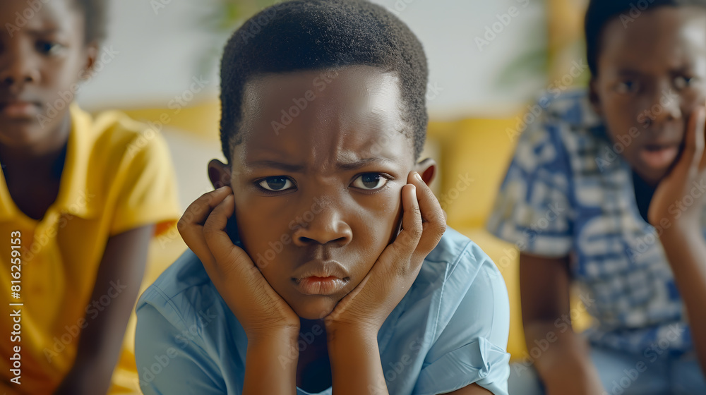 Upset african kids closing ears hurt by parents fighting arguing at ...