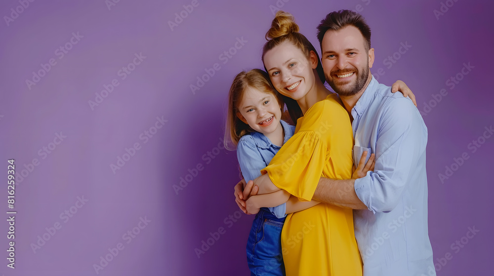 Side view young smiling fun happy parents mom dad with child kid girl 6 ...