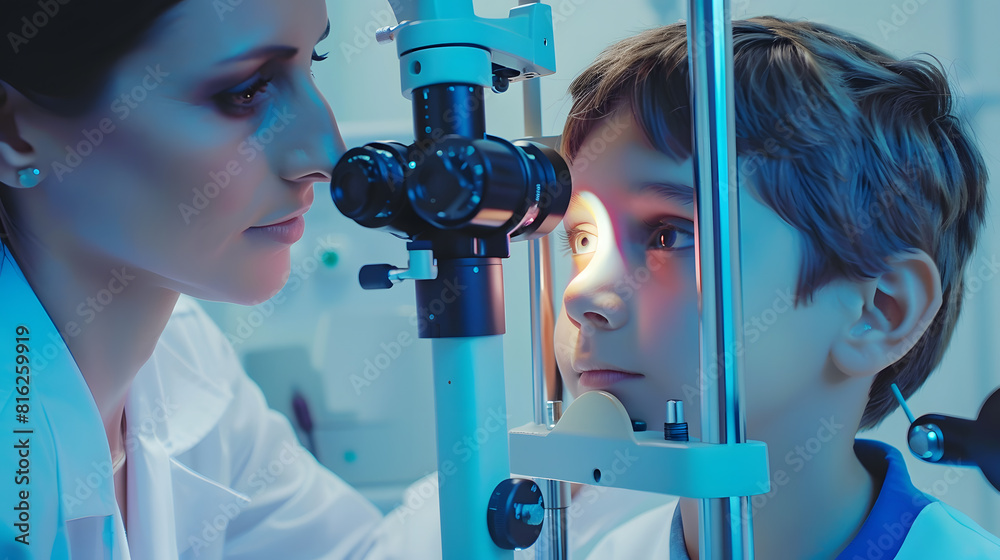 Female doctor ophthalmologist doing basic eye examination of cute boy ...