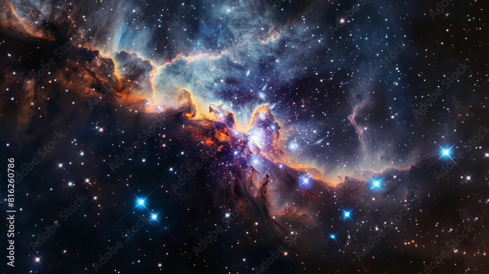 Vivid nebula and star formation in deep space, featuring gas clouds and intense light. High ...