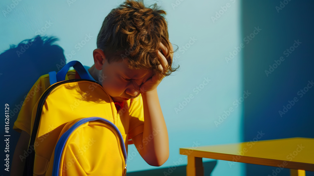 preschooler boy is crying sitting on school desk angry unhappy sad ...