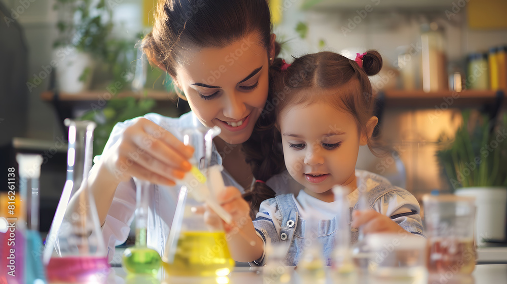 Concentrated small kid girl playing with young mom involved in doing ...