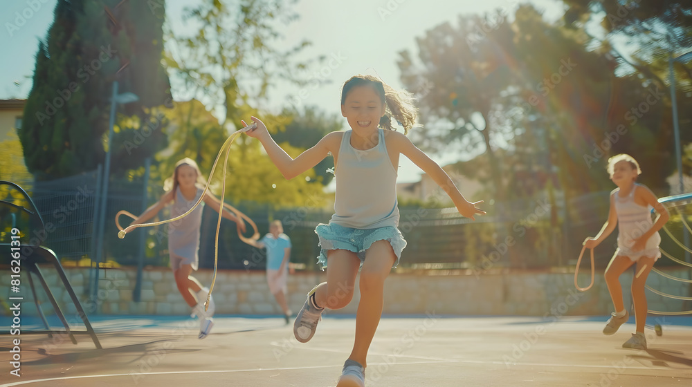 Happy kids play outdoor Children skipping rope in sunny garden Summer ...