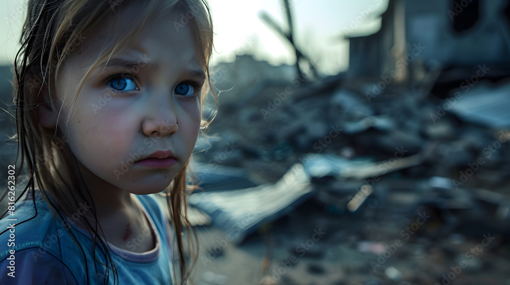 The tragic face of a little girl against the background of a destroyed ...
