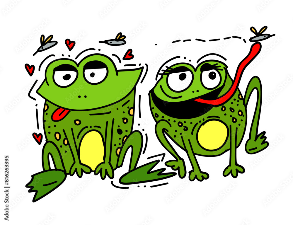 frog cute animal sitting cartoon. Two frogs with mosquitoes. hand ...