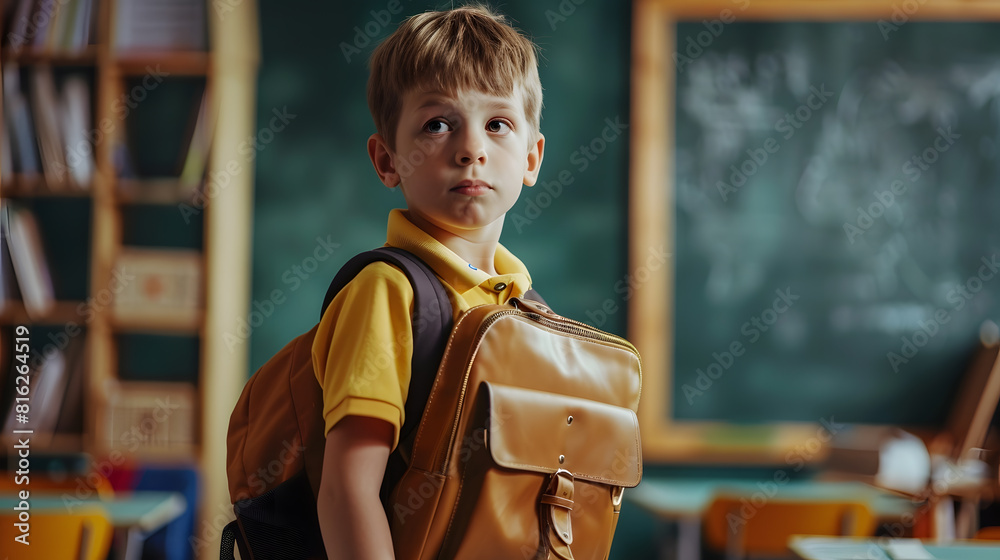 Proud boy first grader with satchel and workbook posing on first day of ...
