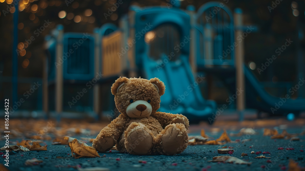 Lost teddy bear toy lying on playground floor in gloomy dayLonely and ...
