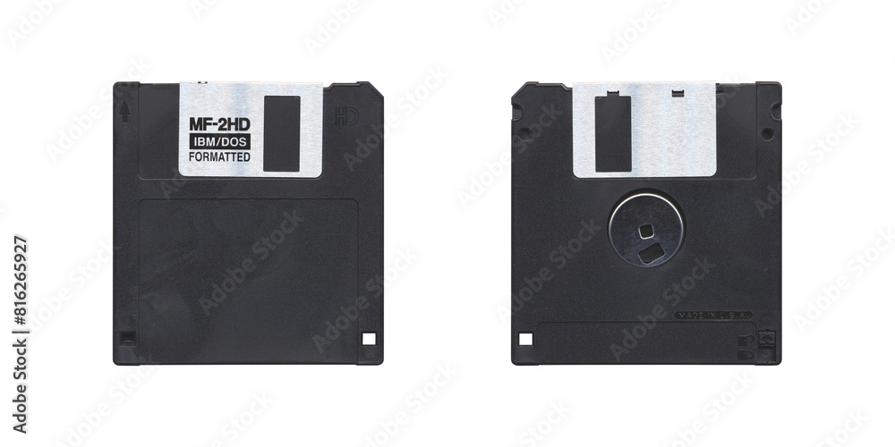 Isolated Retro 3.5” Floppy Disk with front and back side on transparent ...