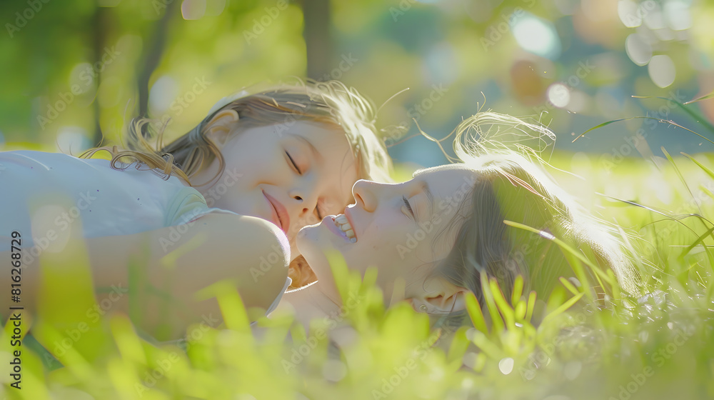 Mother and daughter lying on the lawn Family in the city park outdoors ...
