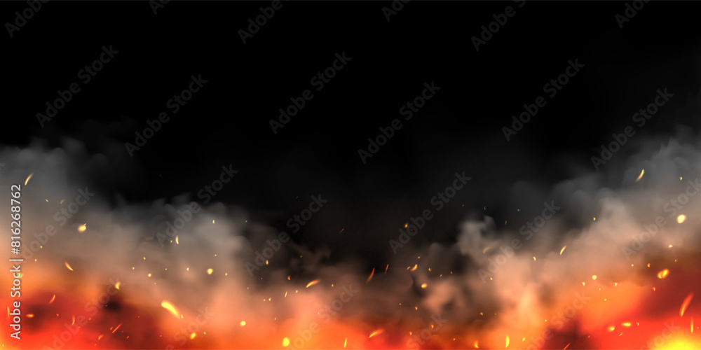 Realistic smoke clouds and fire on black background. Flame blast ...