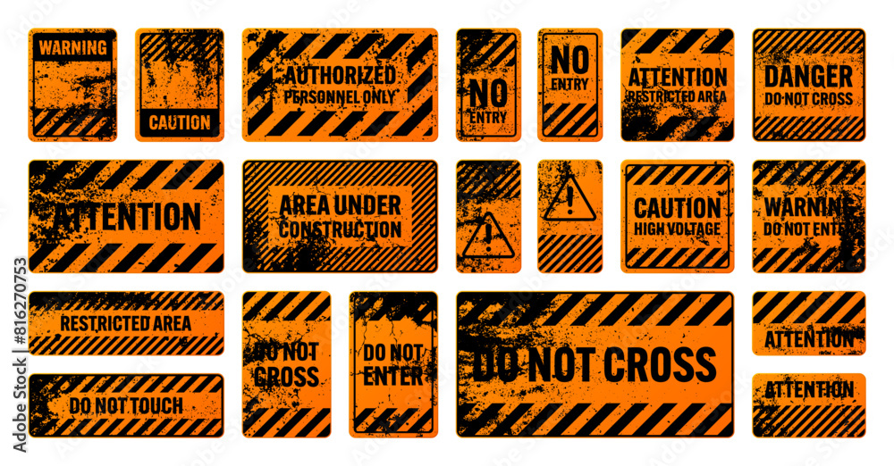 Orange grunge warning signs with diagonal lines. Old attention, danger ...
