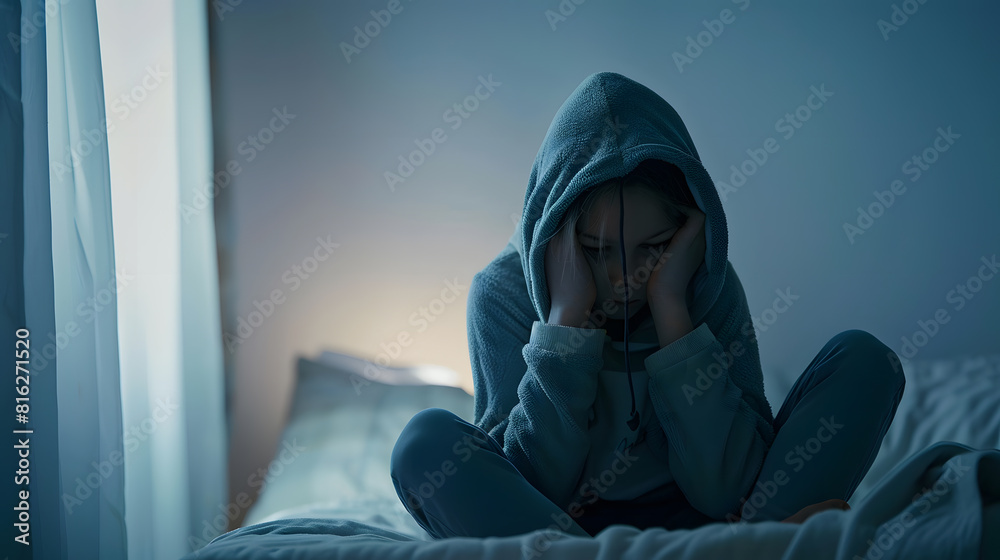 Lonely depressed teen school child girl wearing hood crying sitting ...