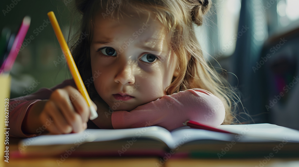 Head shot close up small stressed girl stuck with hard homework Upset ...