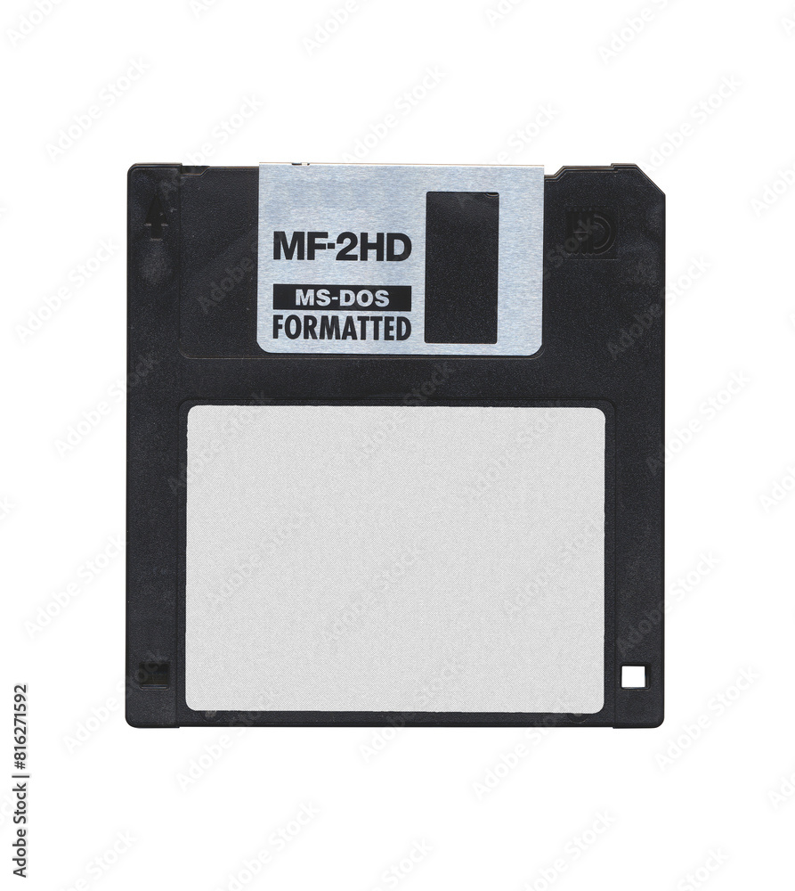 Isolated Retro 3.5” Floppy Disk mockup with white empty label sticker ...