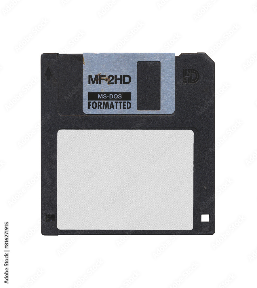Isolated Retro 3.5” Floppy Disk mockup with white empty label sticker ...