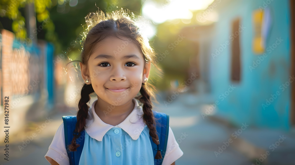Hispanic girl ready to go to school in rural area Latin girl on her way ...