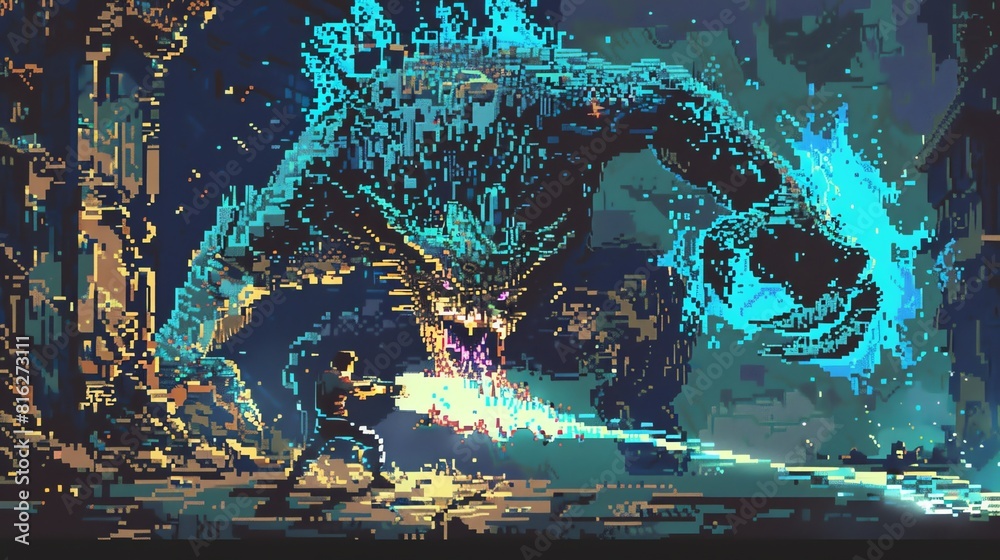 The pixelated image shows a knight fighting a dragon. The knight is ...