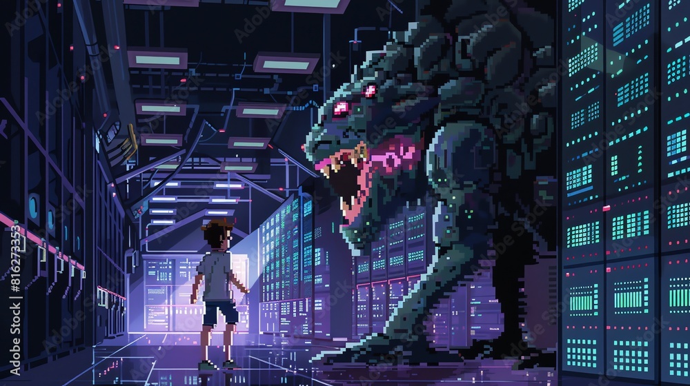 The image is a dark and mysterious data center. A boy is standing in ...