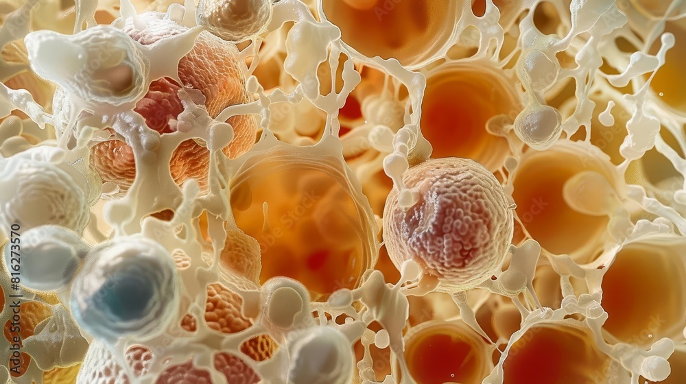 A highly magnified image of healthy bone marrow cells, showing a ...