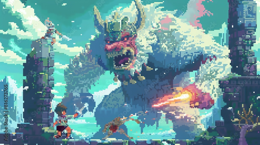 The image is a pixel art illustration of a battle between a giant ...