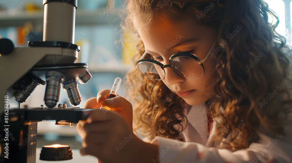 Girl using microscope at home or classroom Curiosity is the key of ...