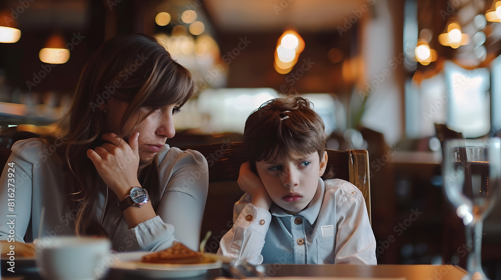 Mother scolds her son sitting in restaurant A child cries a woman ...